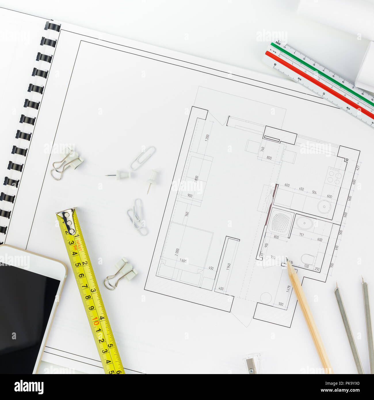 Creative flat lay overhead top view blueprints architectural flat ...