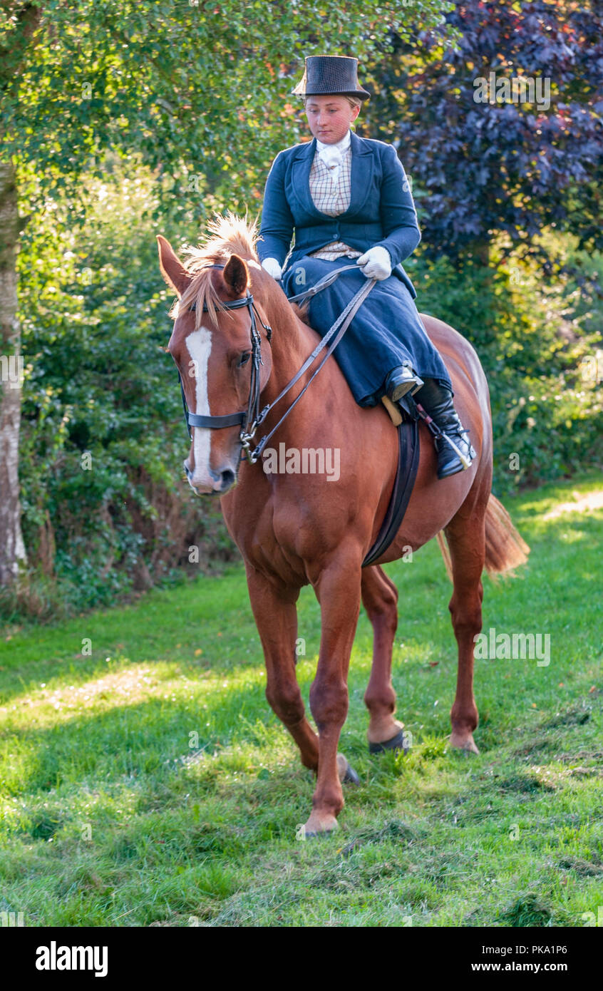 An elegent young lady riding in a traditional side saddle wearing top ...