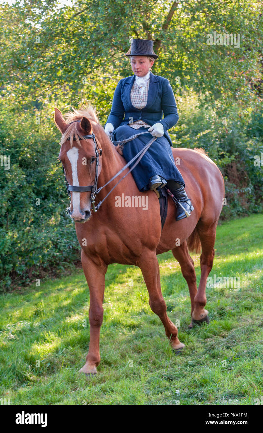 An elegent young lady riding in a traditional side saddle wearing top ...