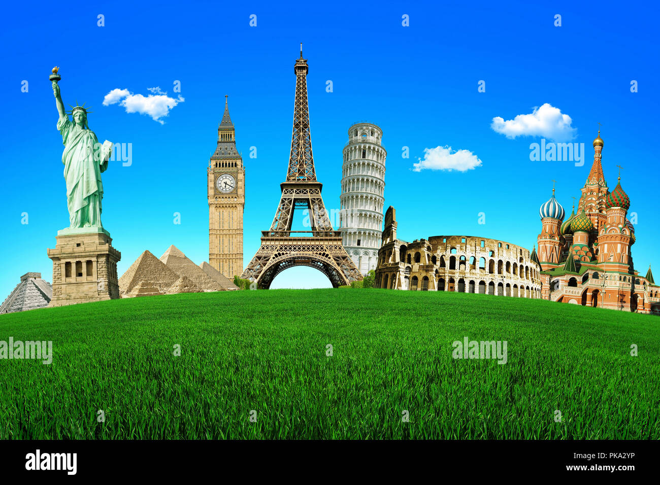 Concept of travel. Green field with the wonders of the world. Around ...