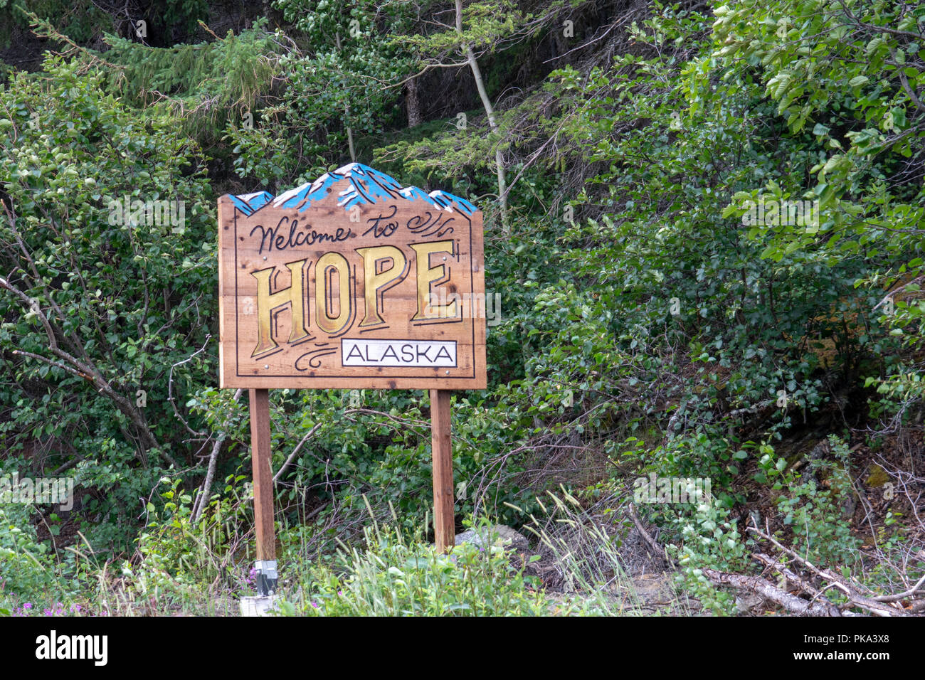 Sign welcomes visitors to the small town of Hope, AK, known for its ...
