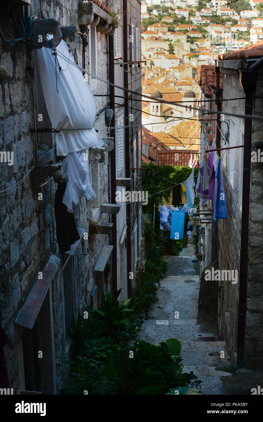 Typical back street (alley) in the historic city of Dubrovnik on the ...