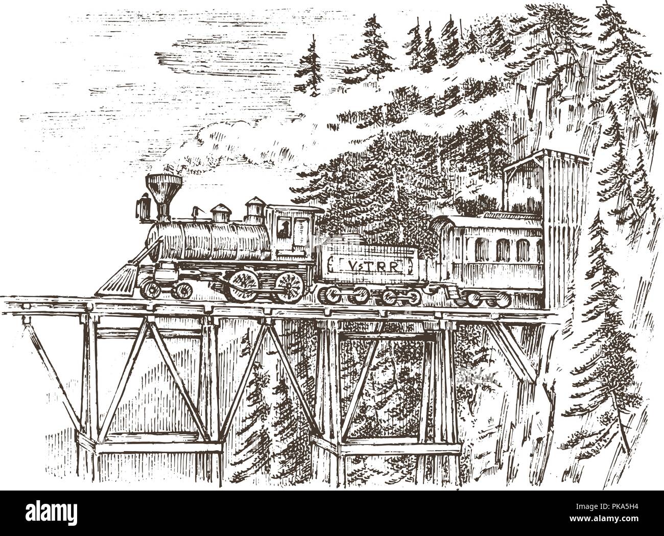 A train or a locomotive passes through a tunnel. Landscape of nature ...