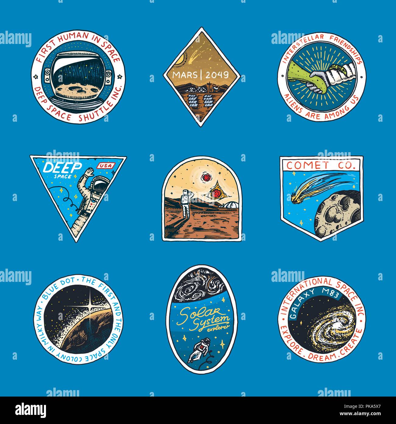 Set of Space logo. Human mission to Mars. Exploration of the ...