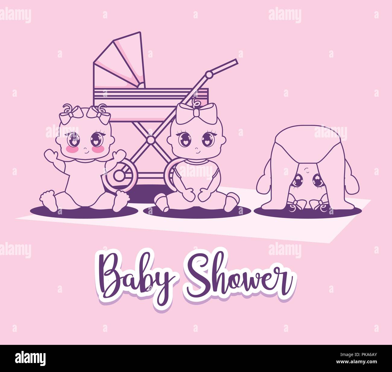 baby shower card with little girls and cart vector illustration design ...