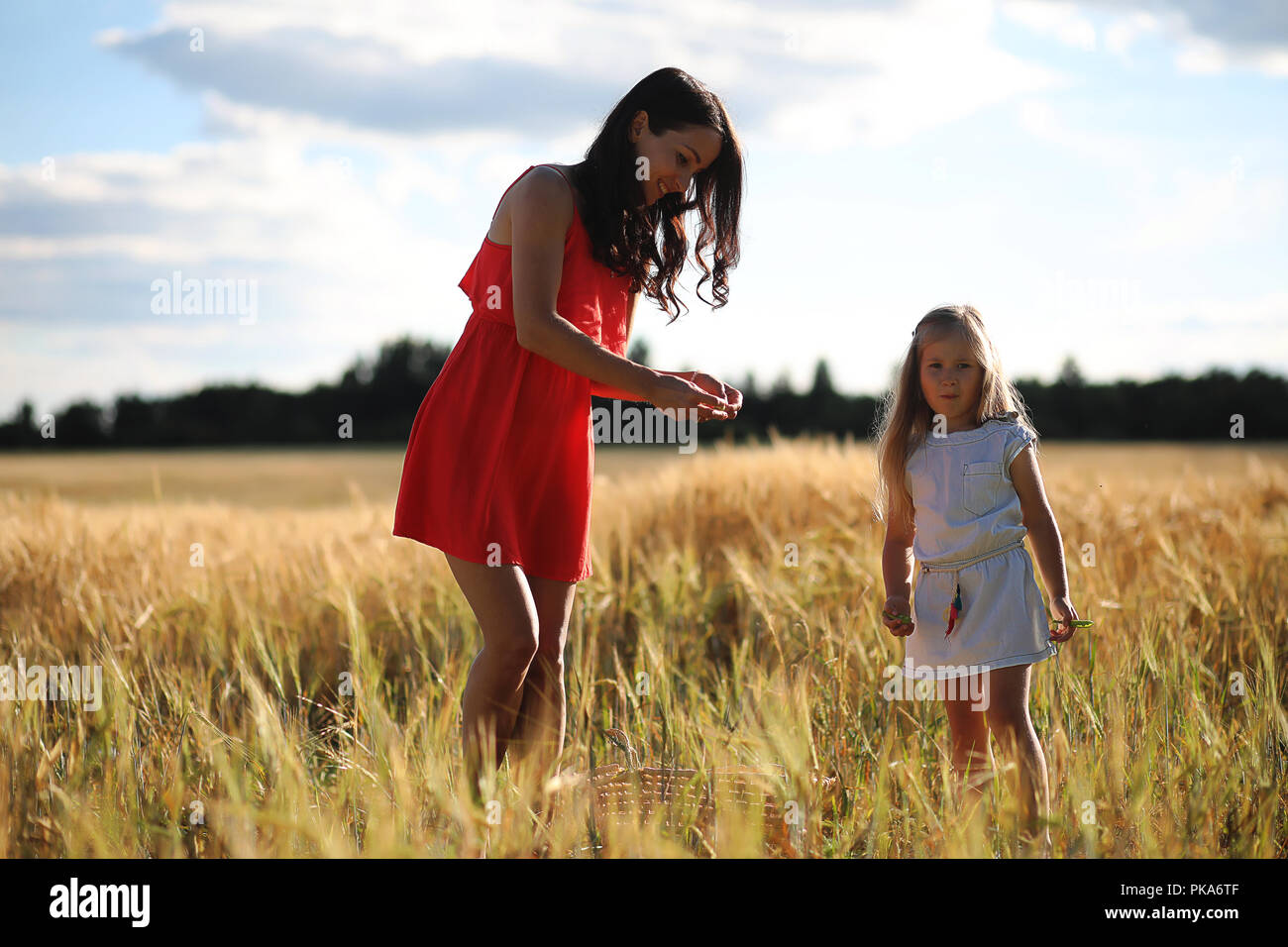 Summer landscape and a girl on nature walk in the countryside Stock ...