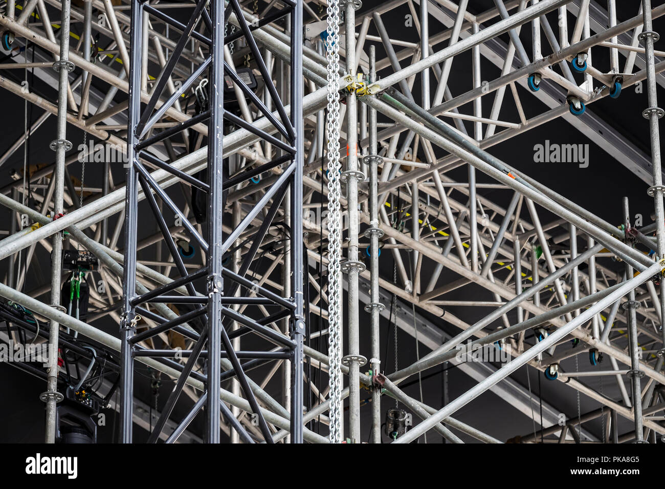 Background of metal construction of a portable concert stage with ...