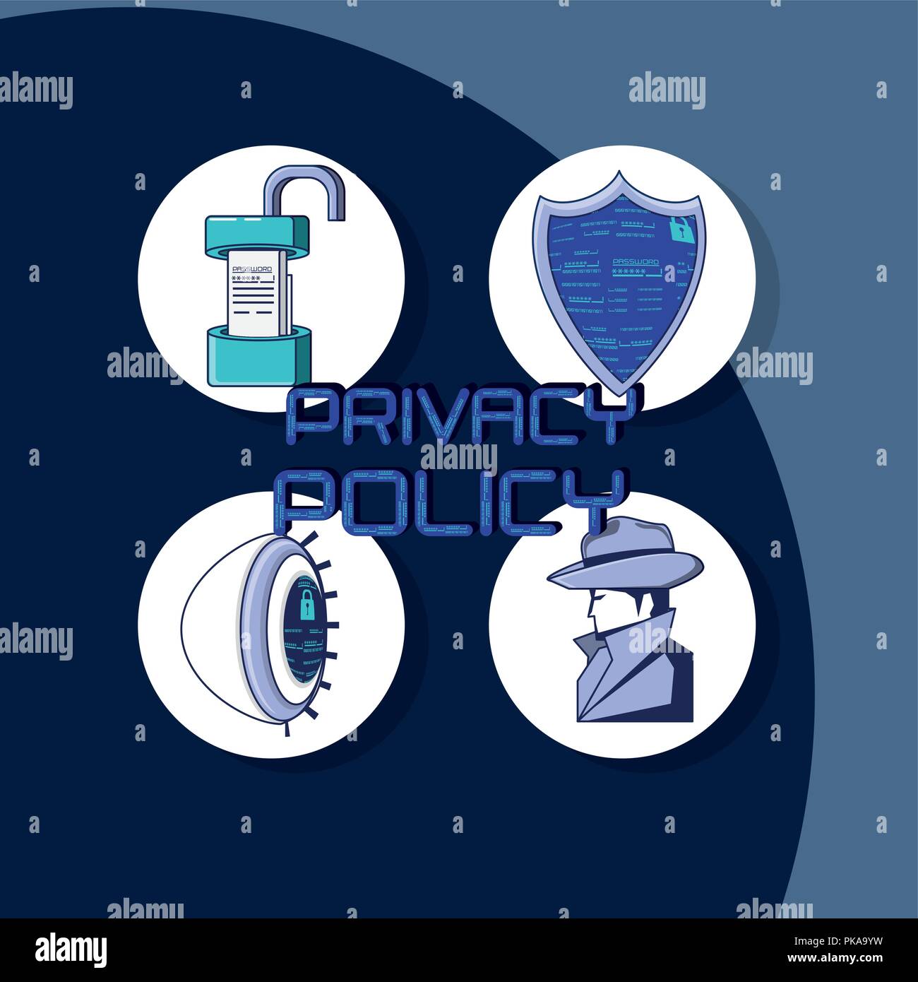 privacy policy icon set over white circles and blue background ...