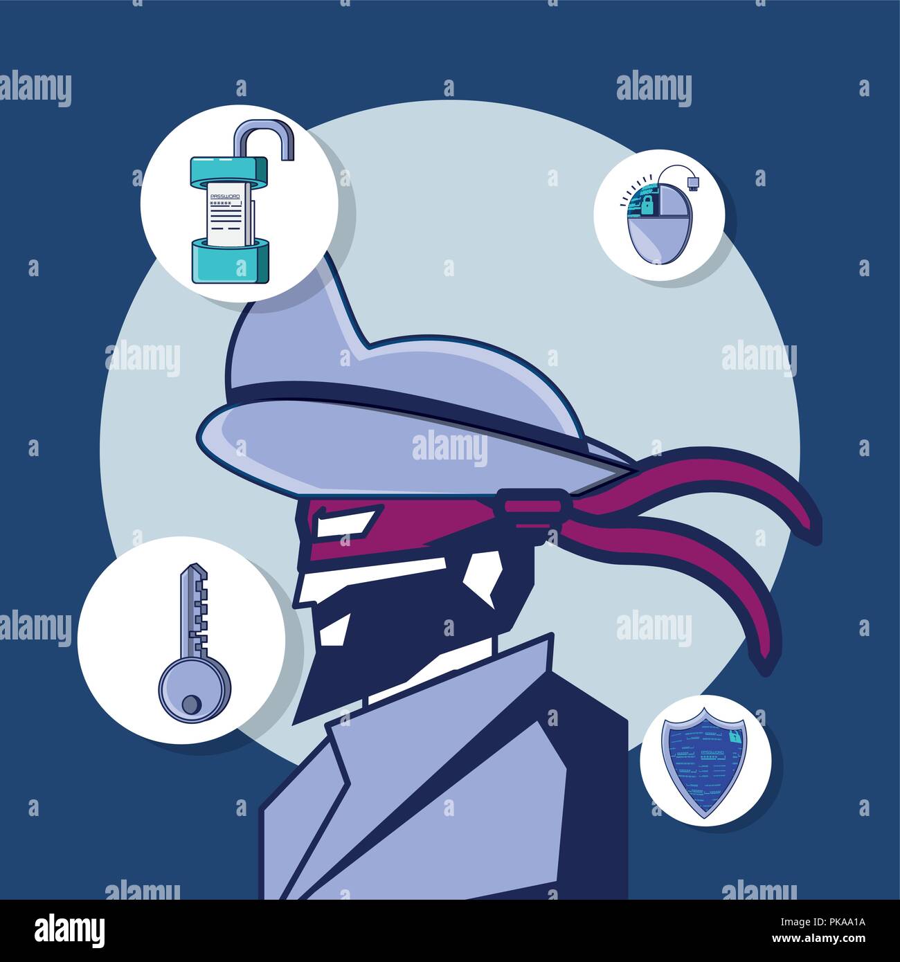 privacy policy design with detective and related icons around over blue ...