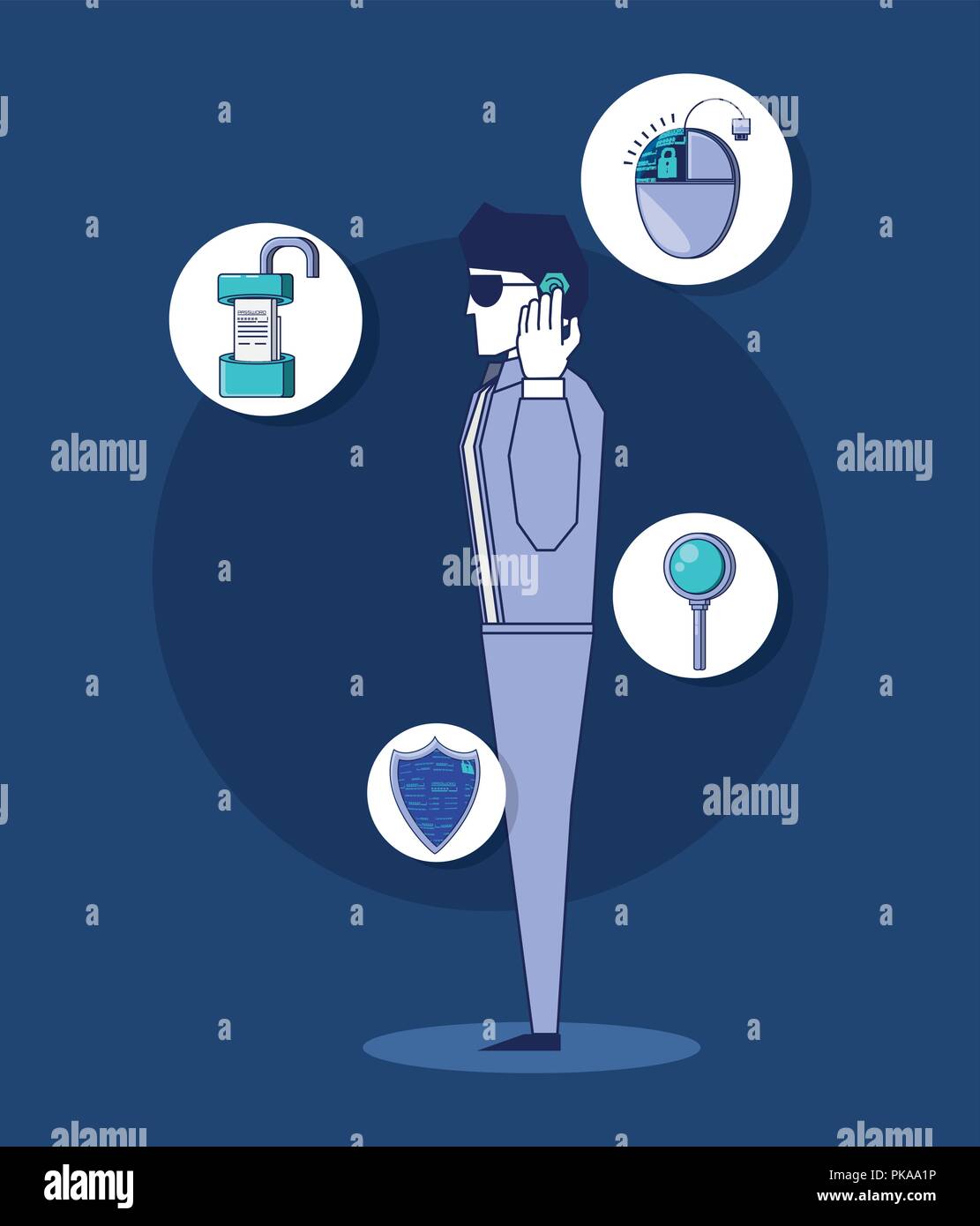 detective and privacy policy icon set over white circles and blue ...