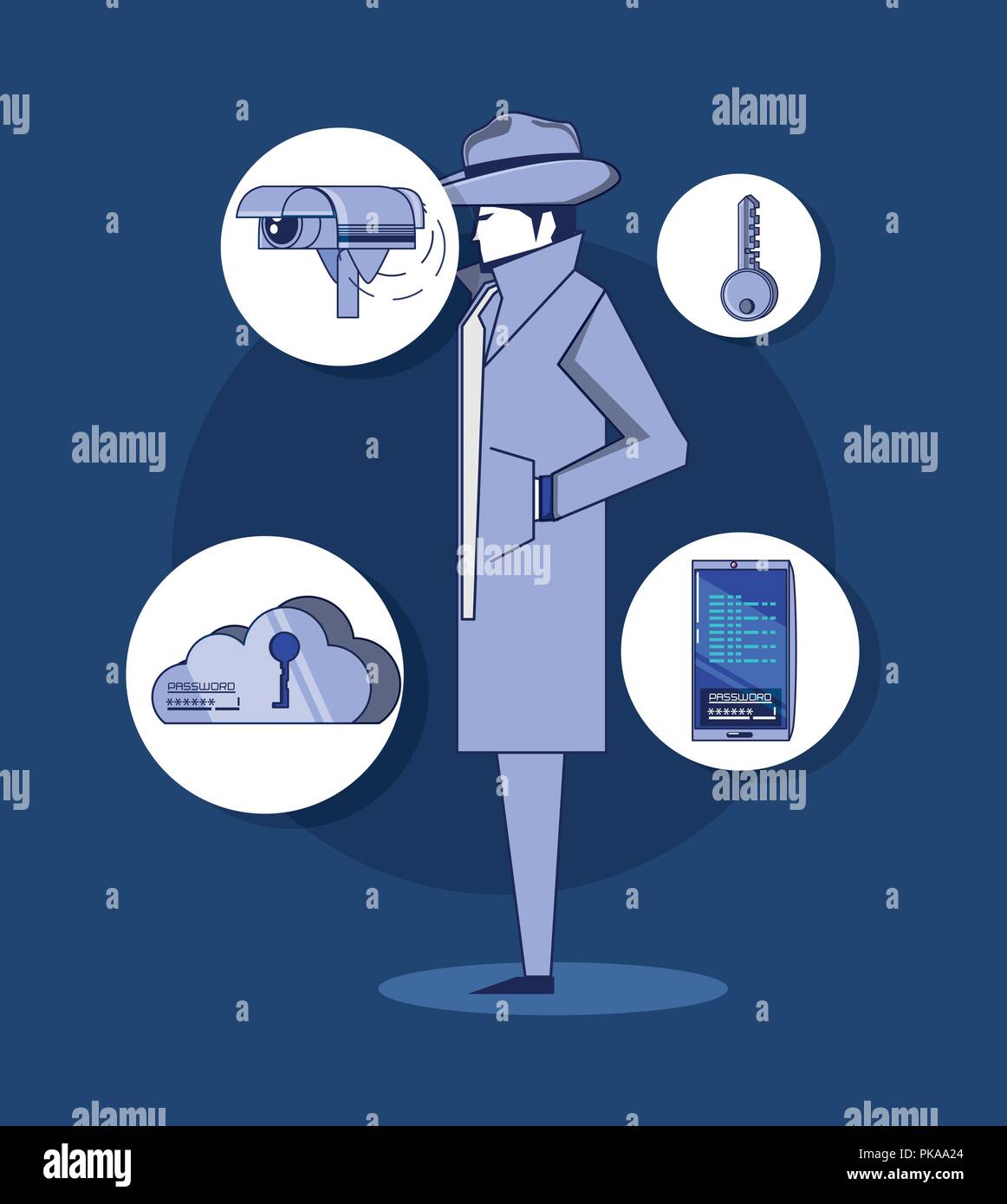 detective and privacy policy icon set over white circles and blue ...