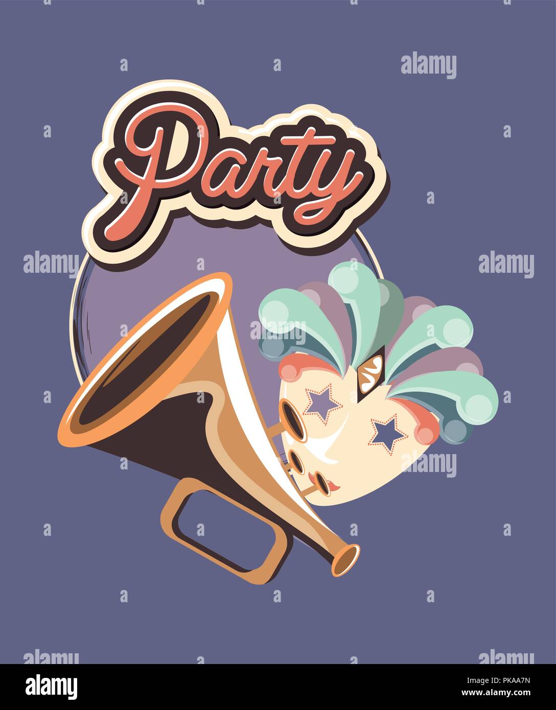 party design with trumpet and carnival mask over purple background ...