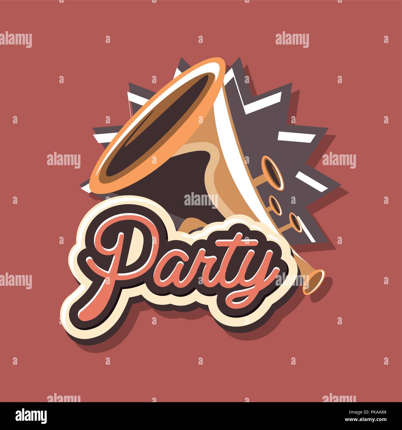 party design with trumpet icon over red background, colorful design ...