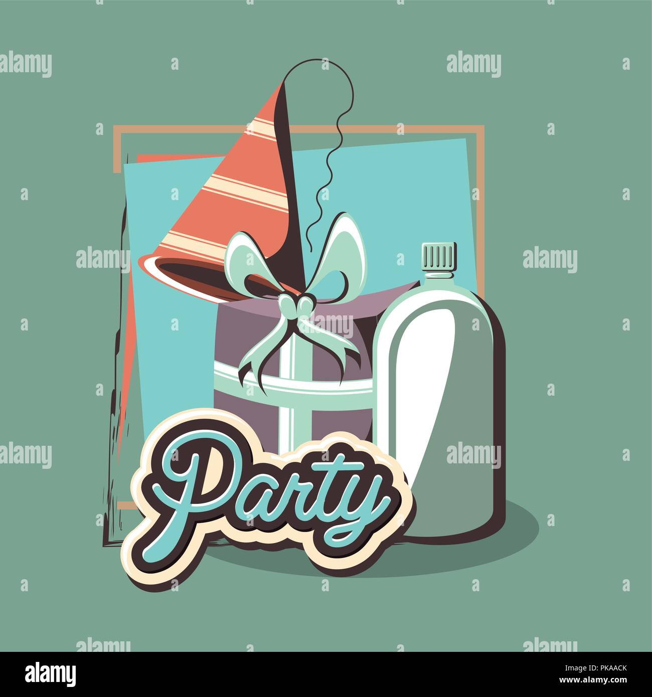 birthday gift and party hat soda bottle retro vector illustration Stock ...