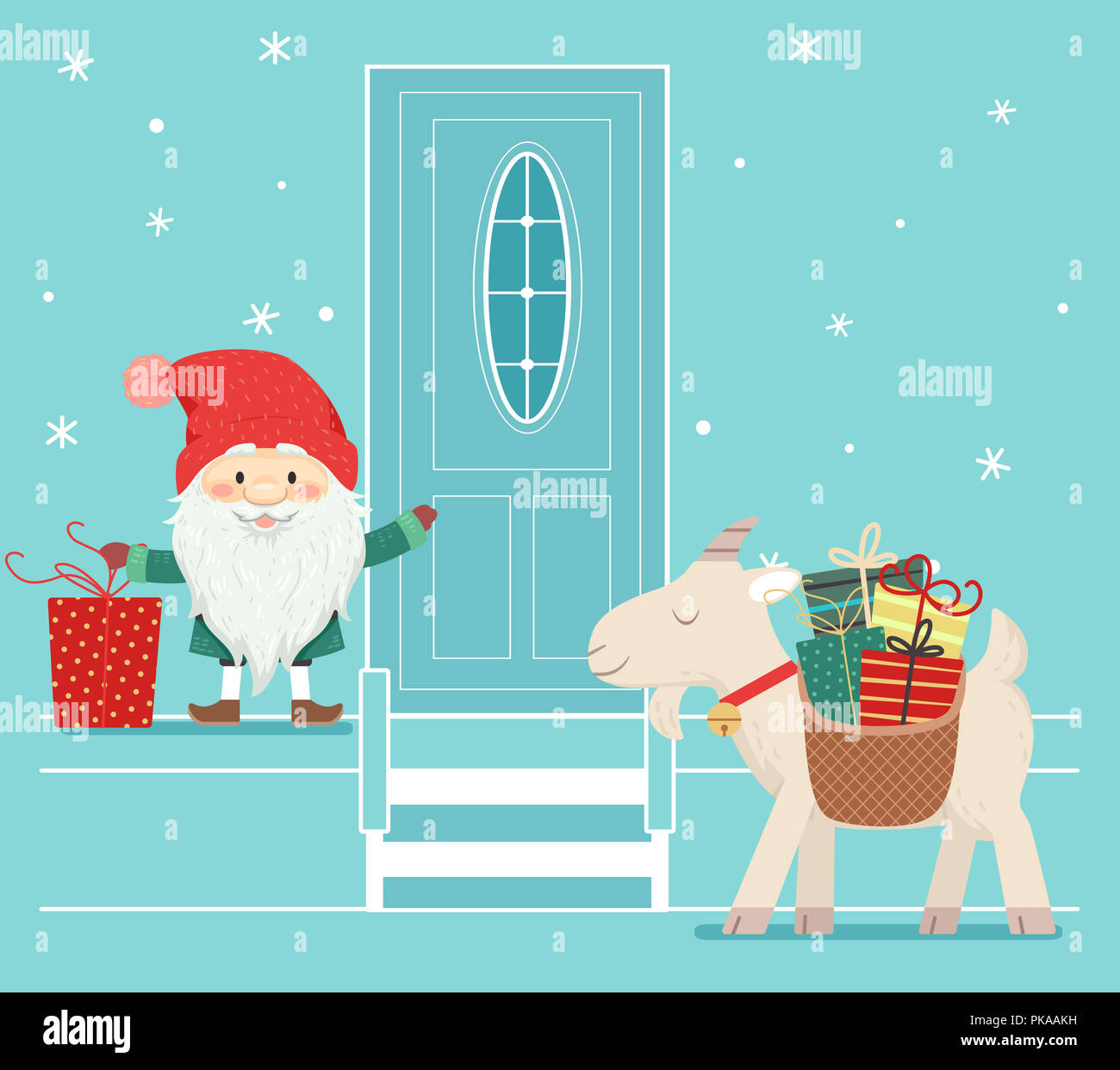 Illustration of a Jul Tomte Knocking on the Door with a Gift, with a ...