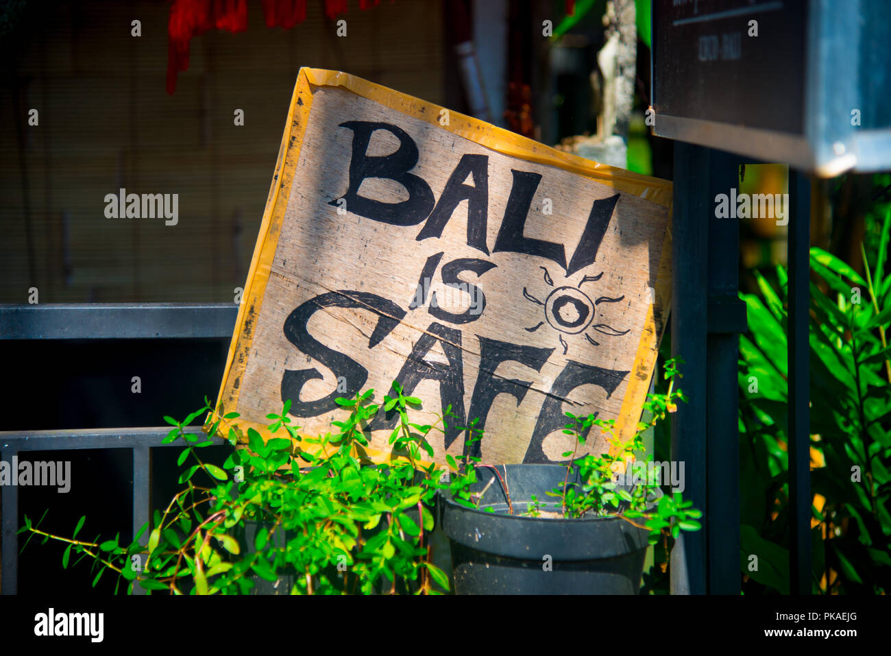 BALI IS SAFE Sign nearby the beach of the Bali island, Indonesia. Bali ...