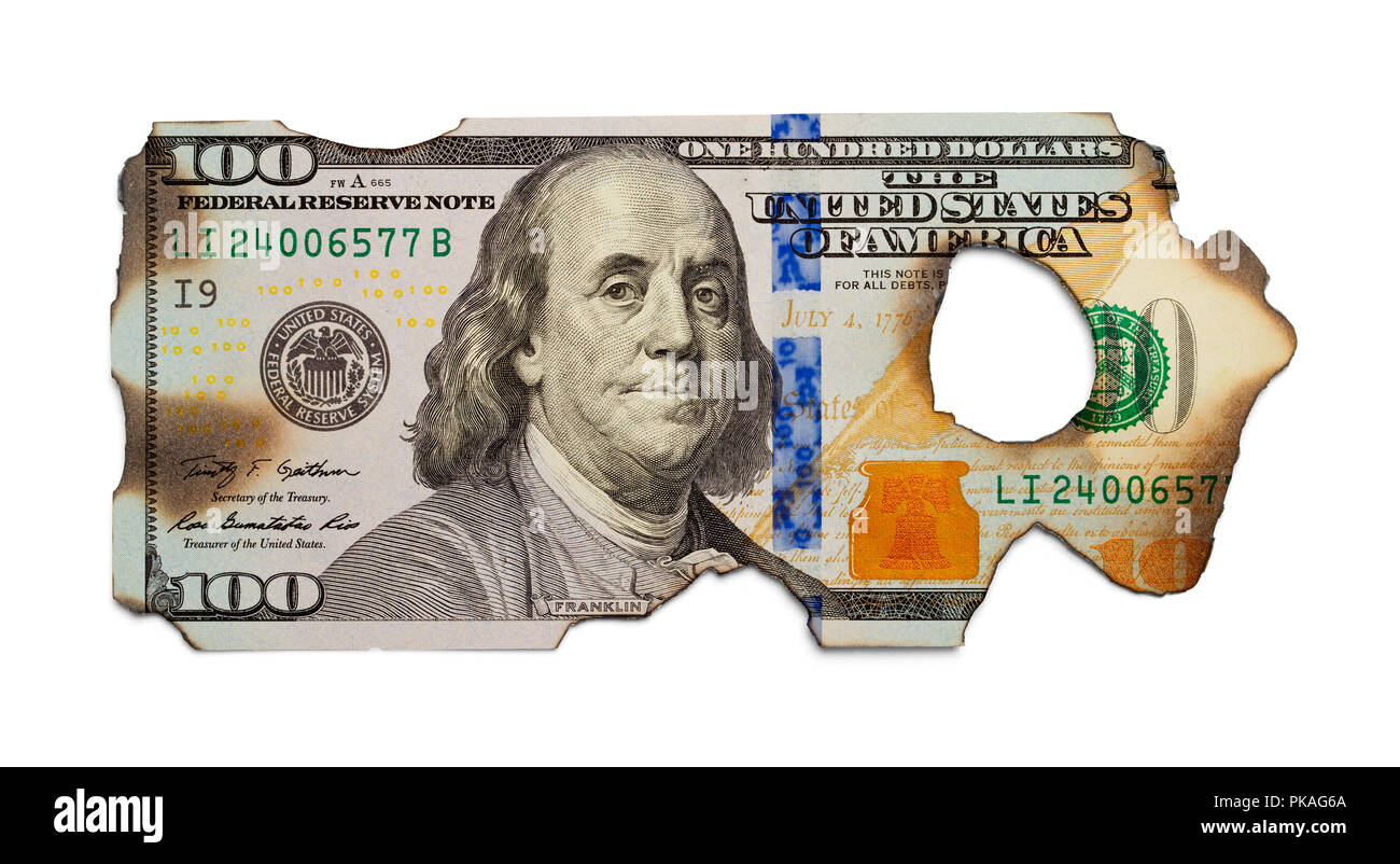 One Hundred Dollar Bill Burned and Isolated on a White Background Stock ...