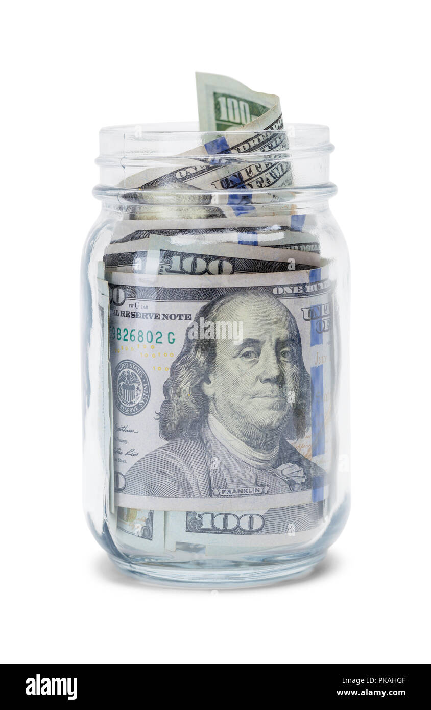 Glass Jar Filled with Cash Isolated on White Stock Photo - Alamy