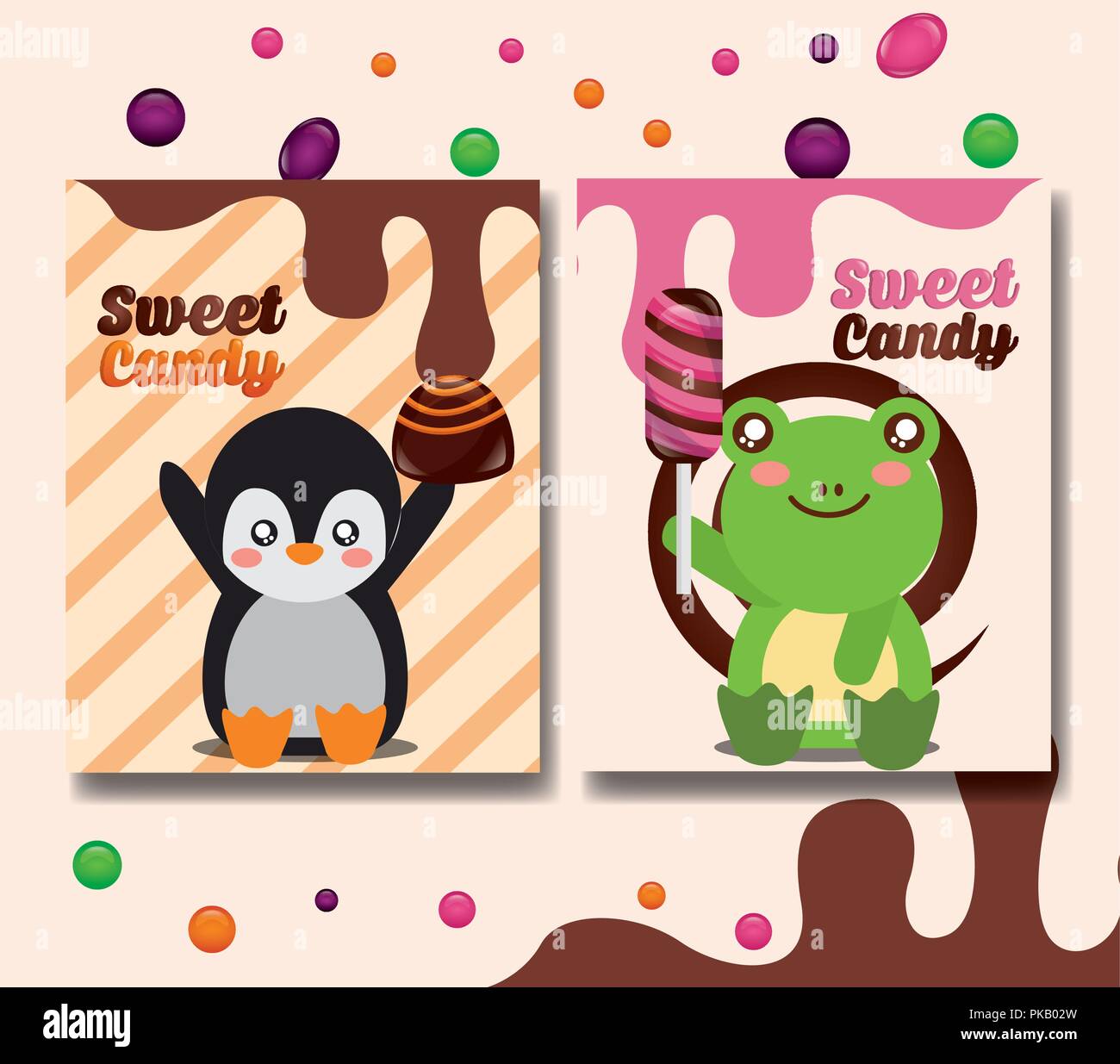 sweet candy banners penguin frog holding caramels lollipop chips ...