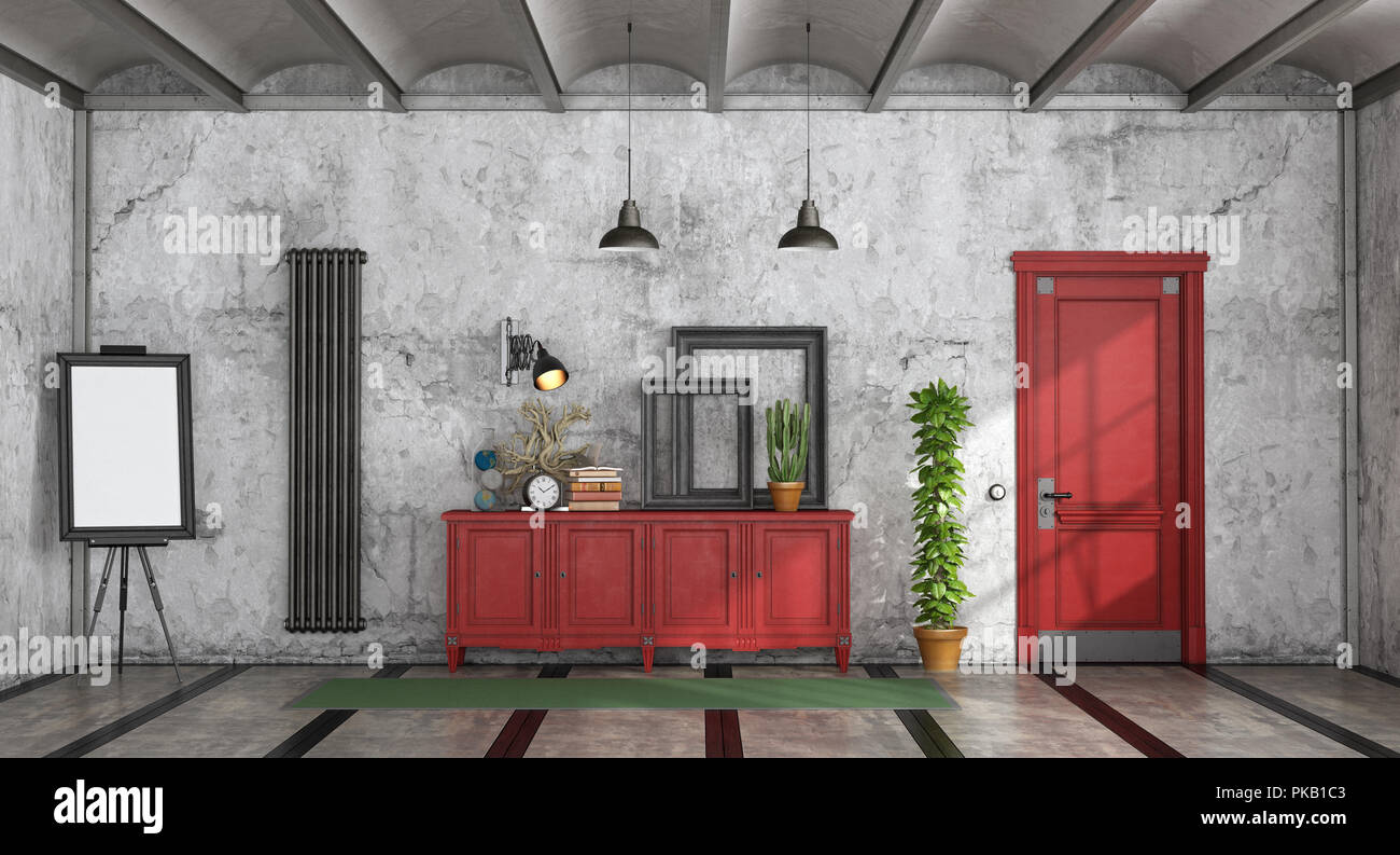 Retro home entrance with red sideboard and closed door- 3d rendering ...