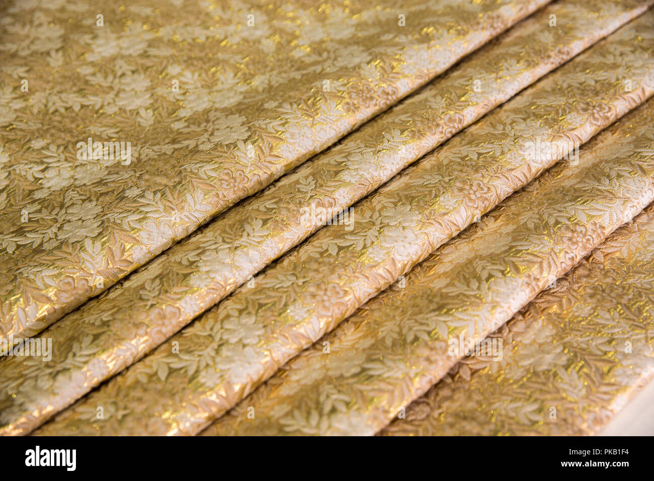 Yellow, golden fabric for dress, With flower patterns, fabric ...