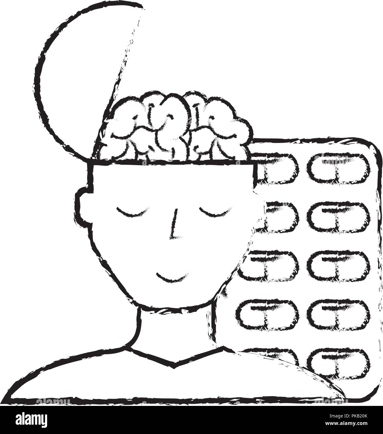 man portrait brain medication mental care vector illustration hand ...