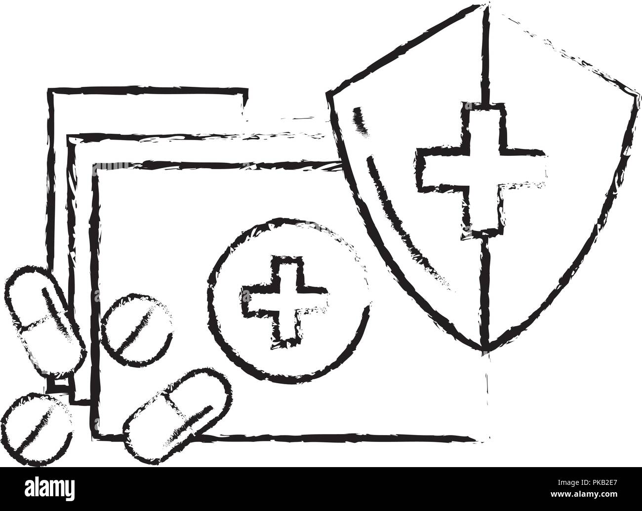 medical folder and pills shield protection vector illustration hand ...