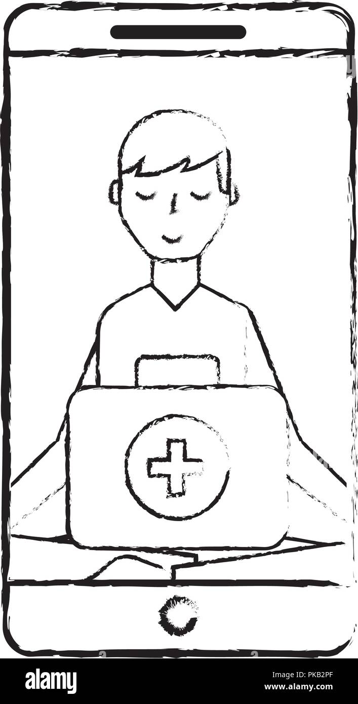 smartphone man meditation medical app vector illustration hand drawing ...