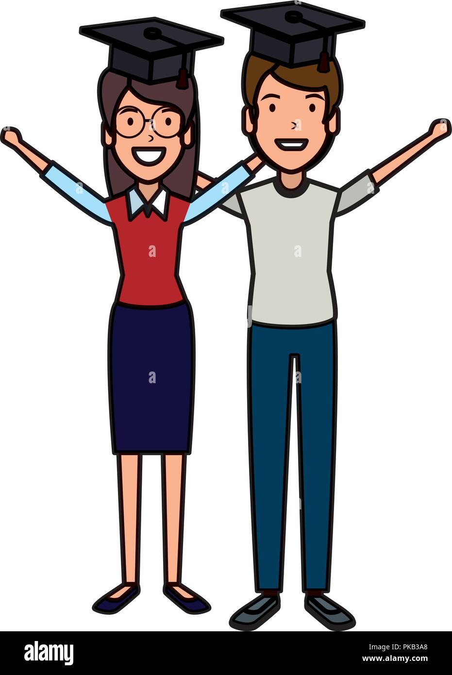 couple of students celebrating with hat graduation vector illustration ...