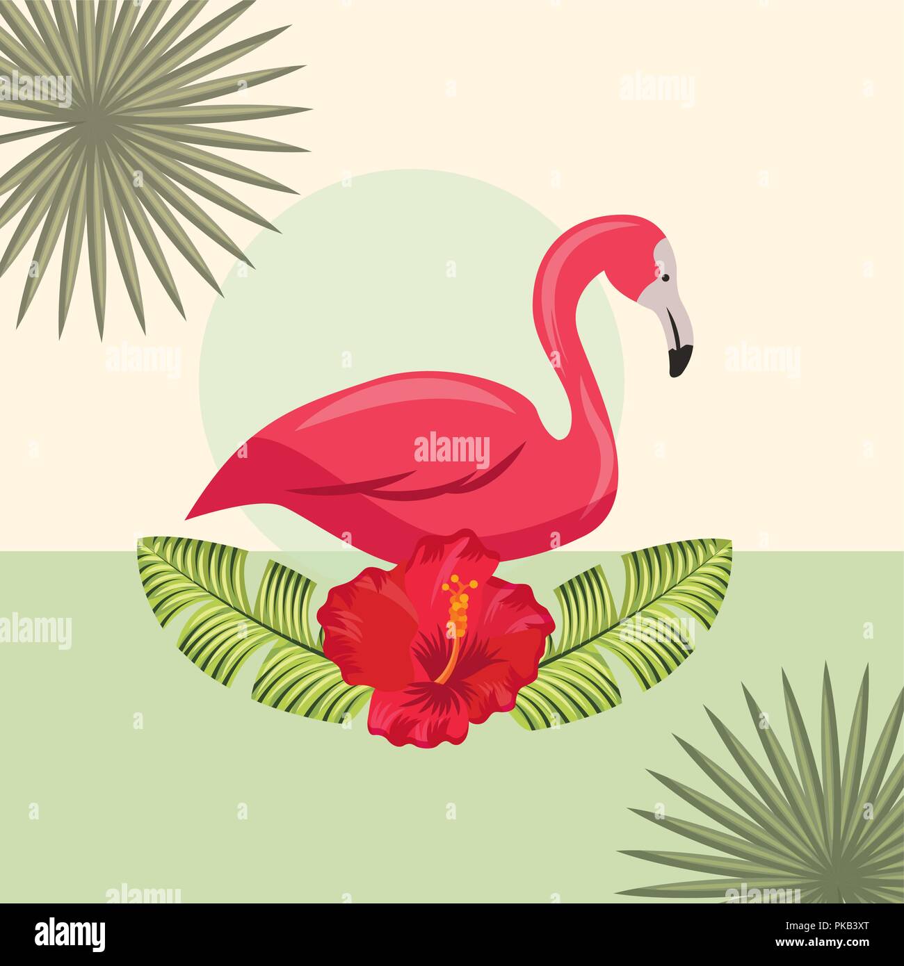 tropical leaves flamingo on flower plants vector illustration Stock ...