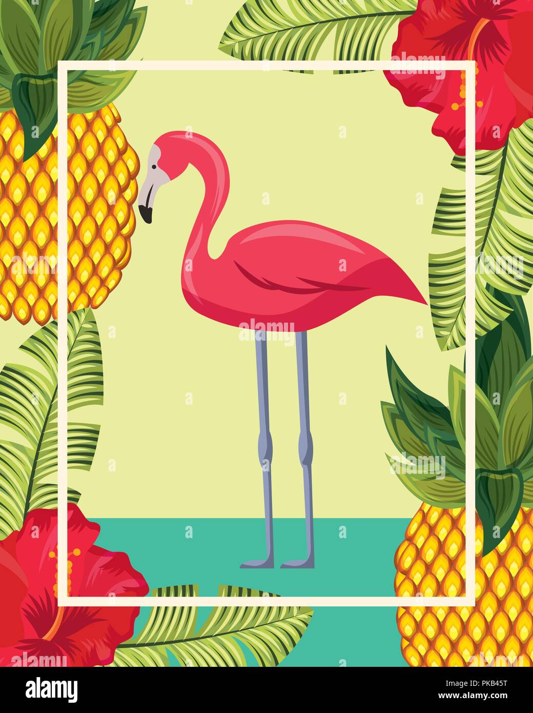 tropical leaves frame flamingo pineapple fruits vector illustration ...