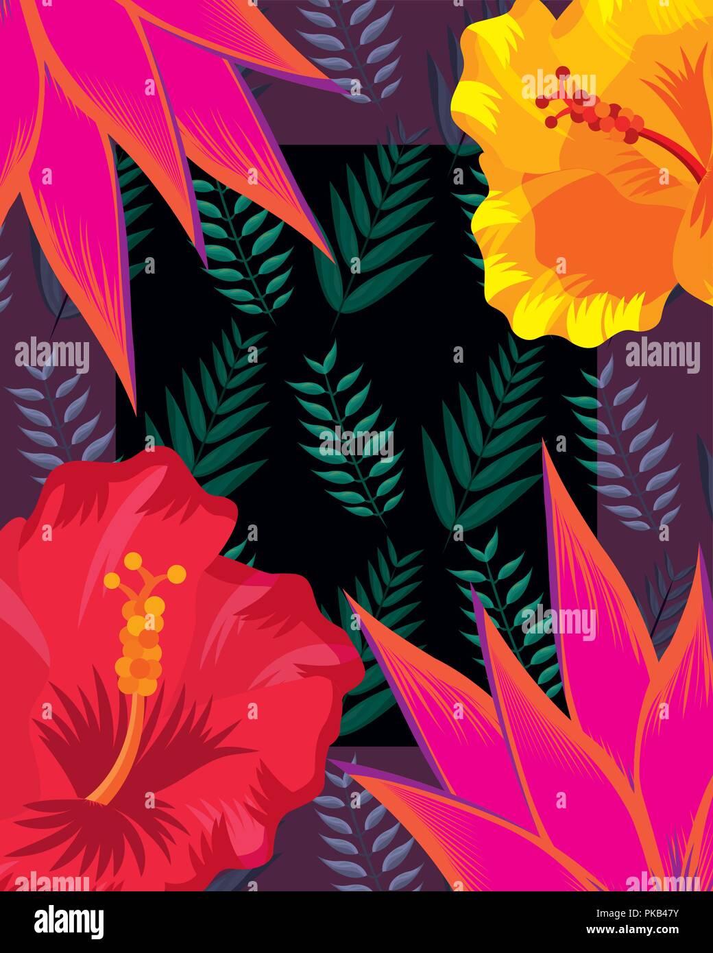 tropical leaves hibiscus flower colors plants background vector ...