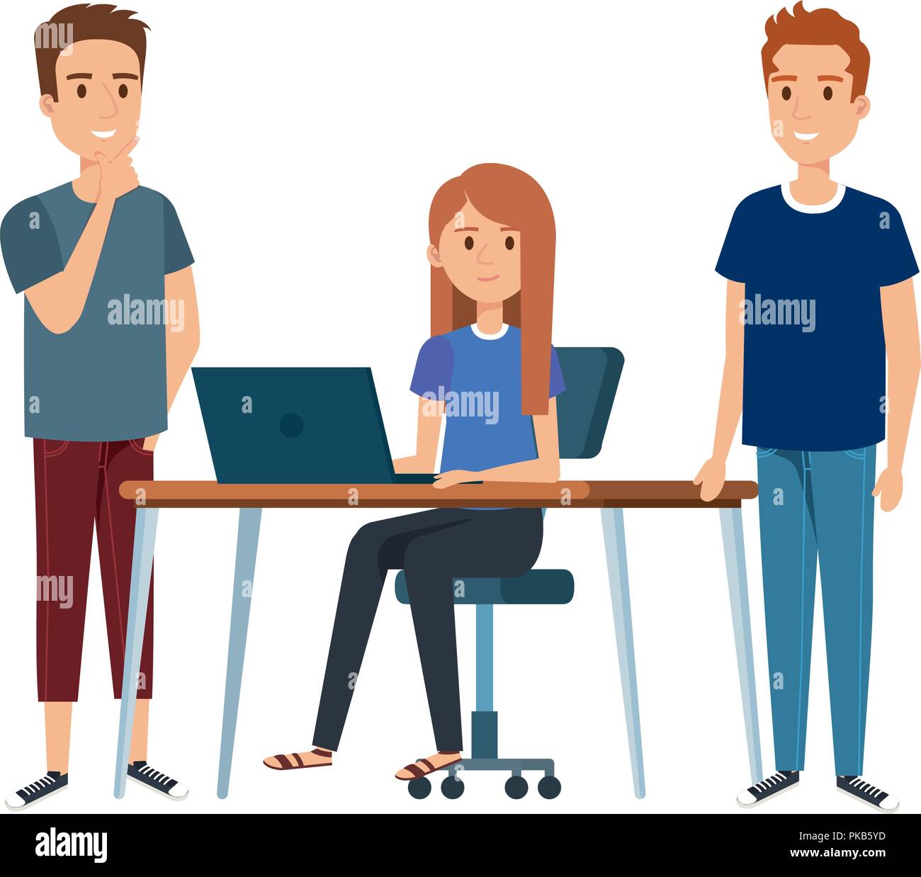 young woman at desk with laptop and companions vector illustration ...