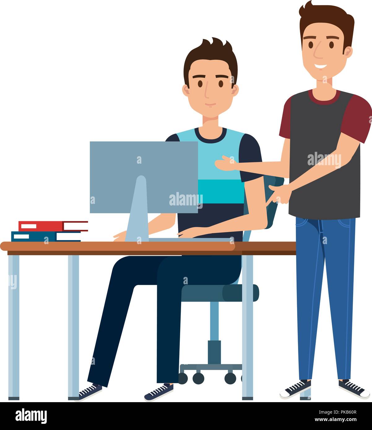 young man at desk with computer and companions vector illustration ...