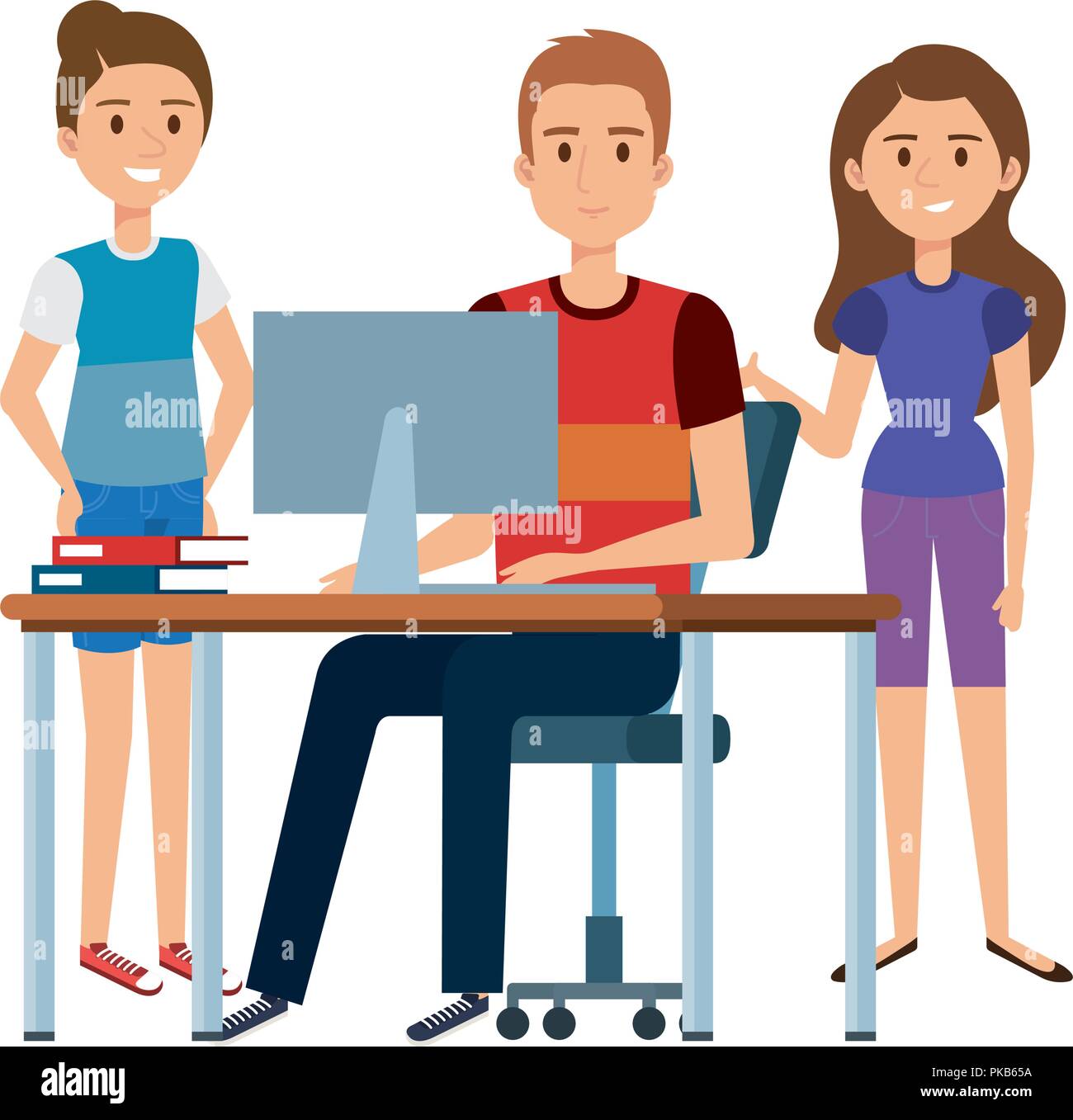 young man at desk with computer and companions vector illustration ...