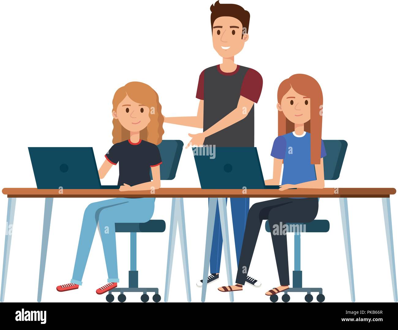 young women at desk with laptop and companion vector illustration Stock ...