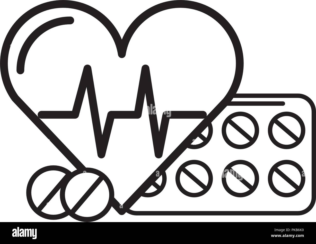 medical heartbeat and medication pills vector illustration thin line ...