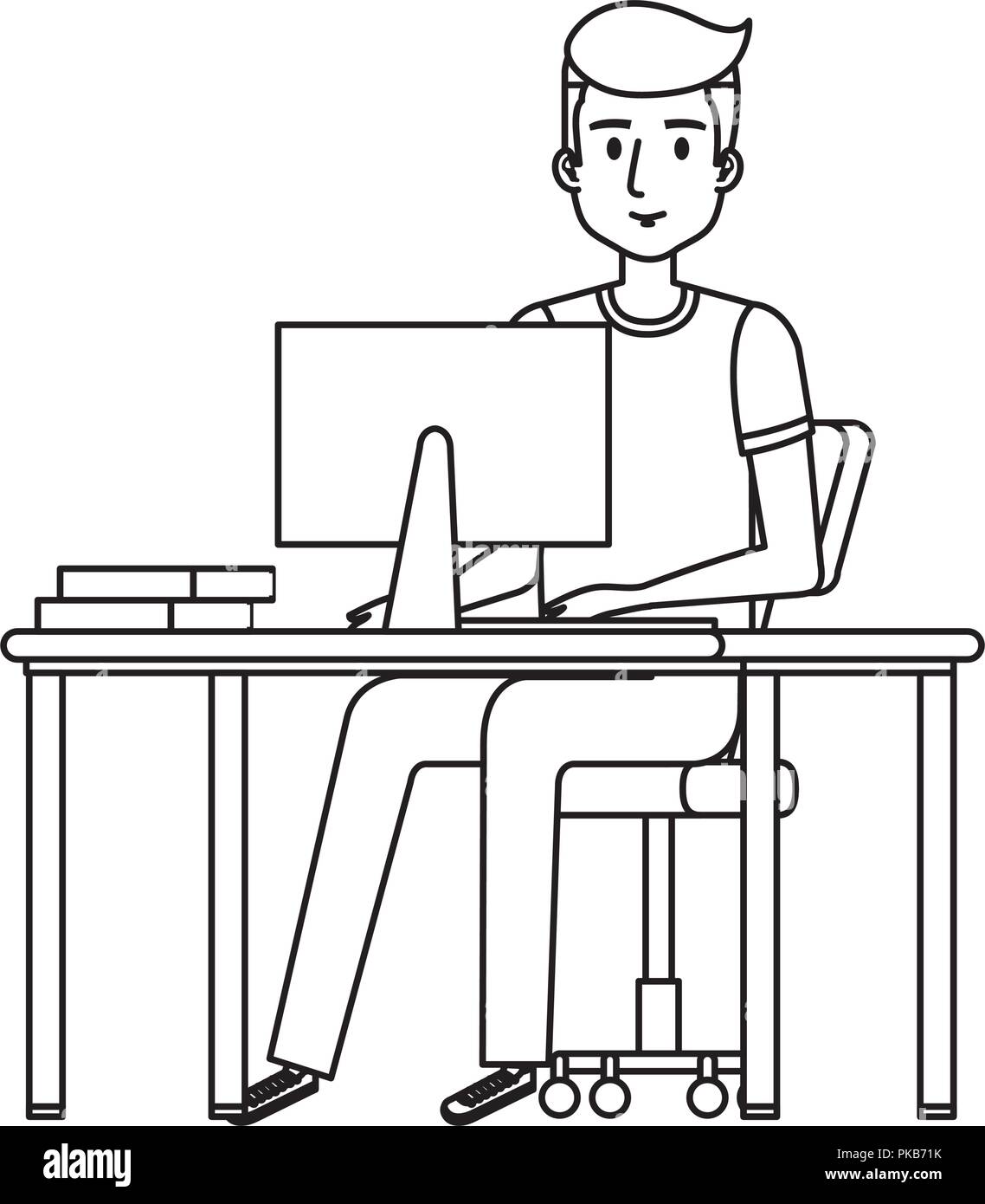 young man at desk with computer vector illustration design Stock Vector ...