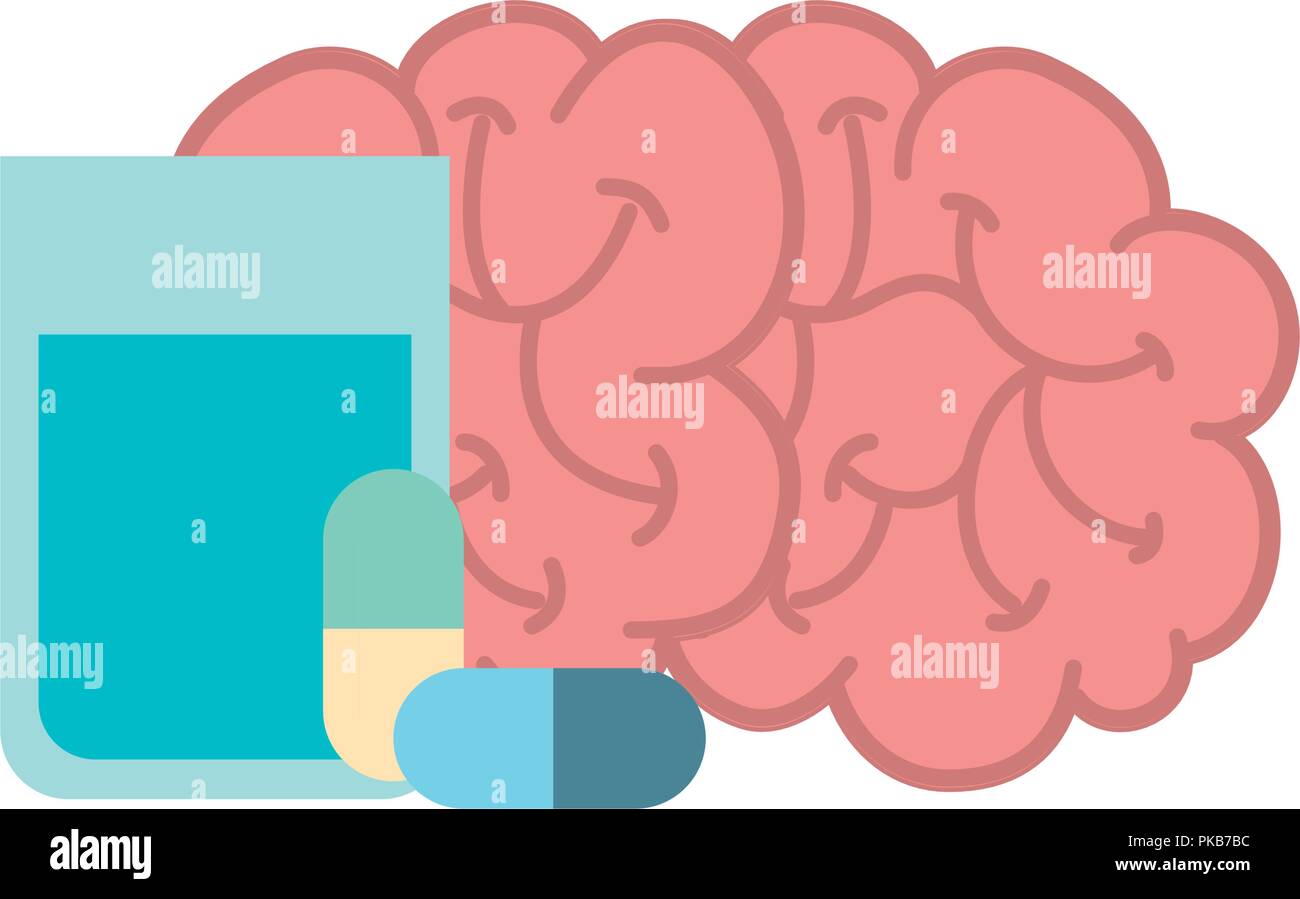 human brain mental water glass capsule medication vector illustration ...