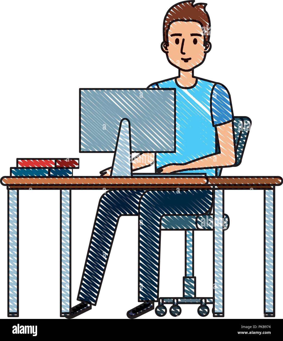 young man at desk with computer Stock Vector Image & Art - Alamy