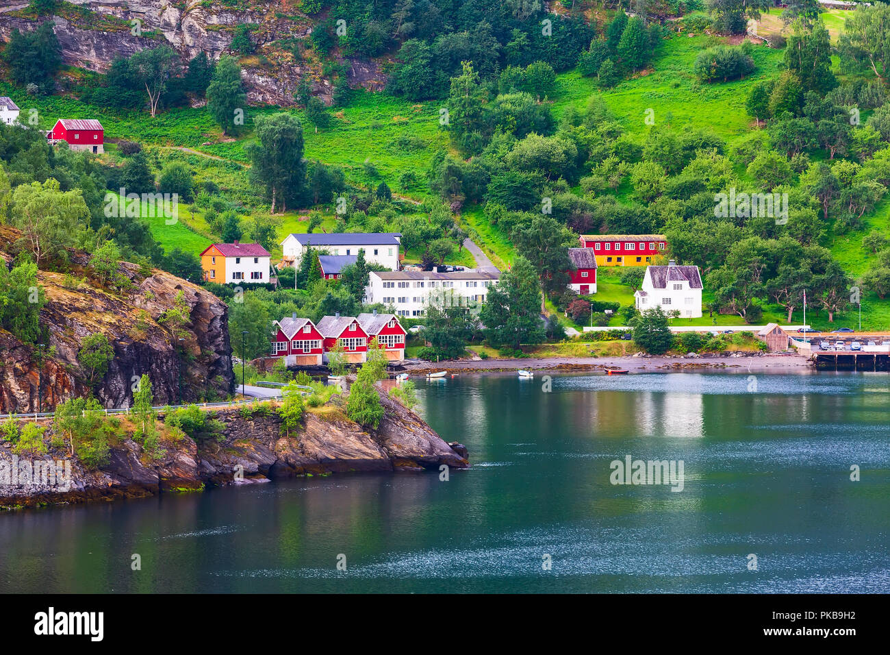 Norwegian fjord village and Sognefjord landscape in Flam, Norway ...