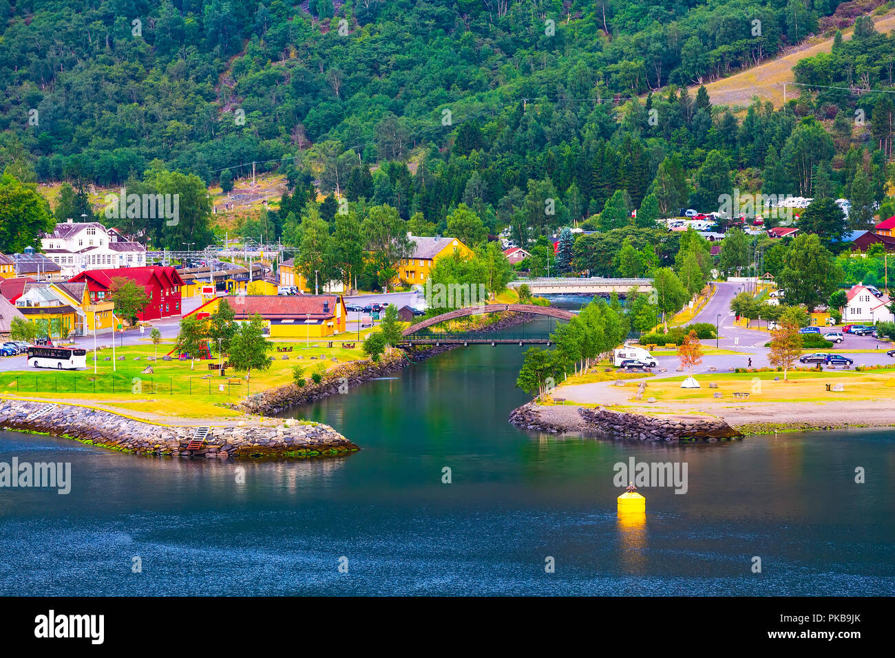Norwegian fjord village and Sognefjord landscape in Flam, Norway ...