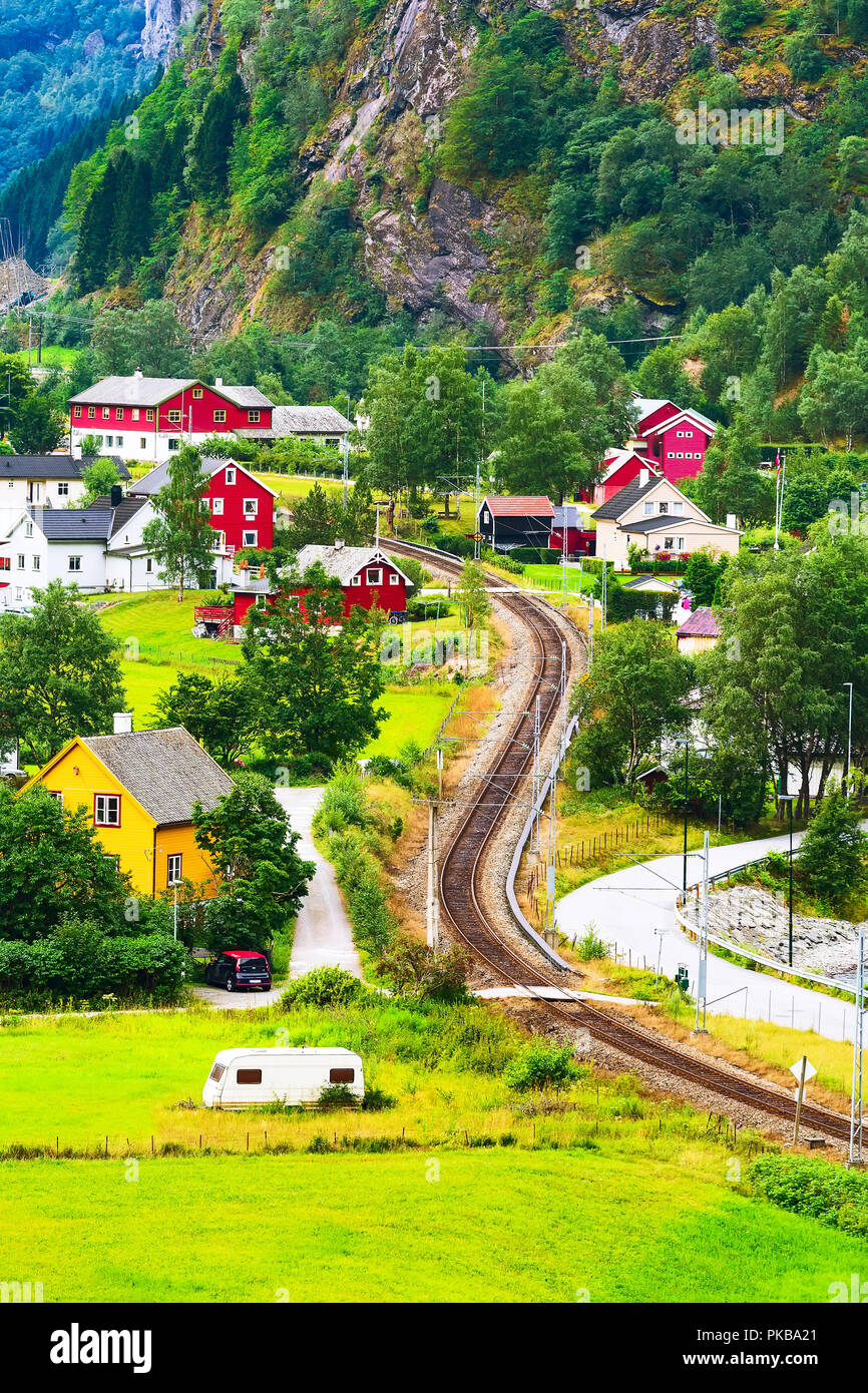 Norwegian fjord village landscape near Flam, Norway and Myrdal railway ...