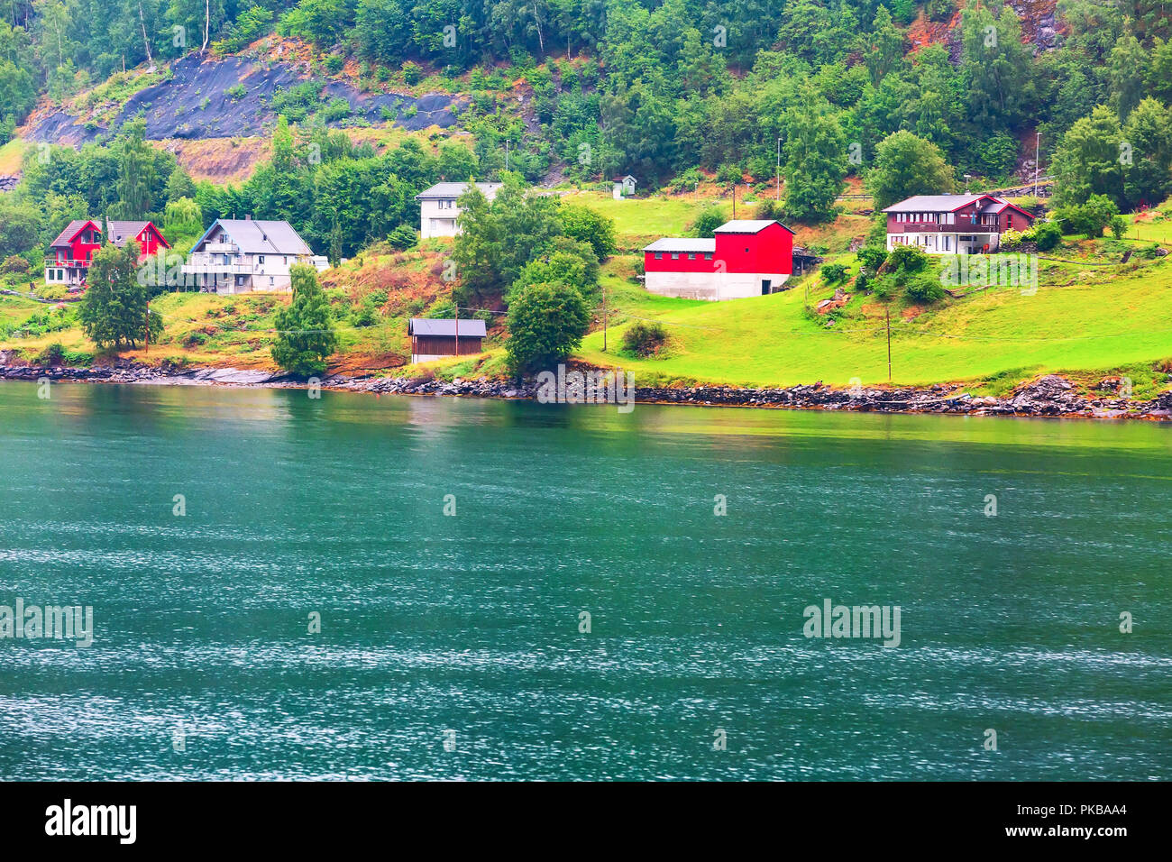 Norwegian fjord village and Sognefjord landscape near Flam, Norway ...