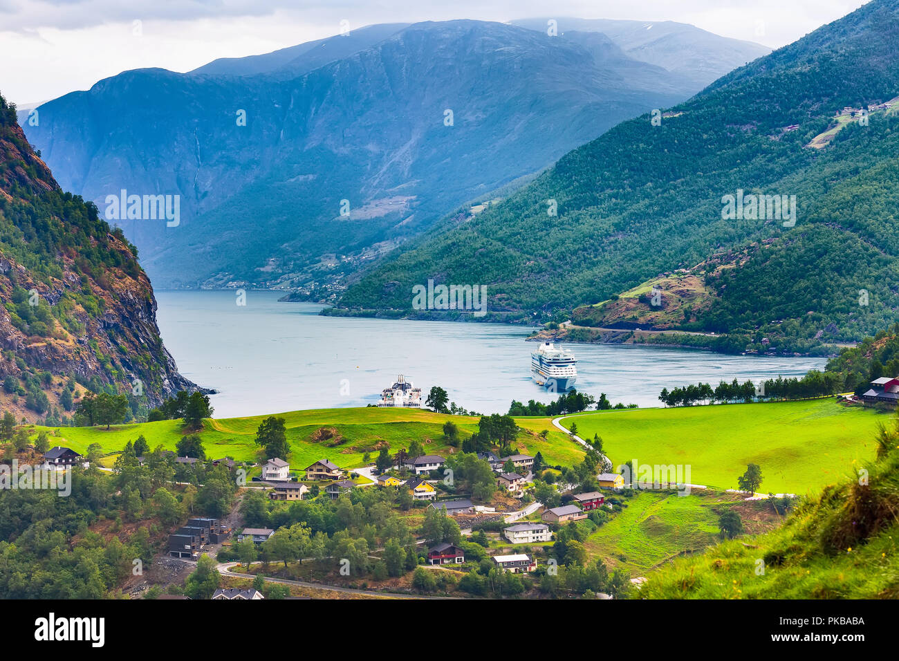Flam, Norway, norwegian fjord village with Sognefjord landscape and ...