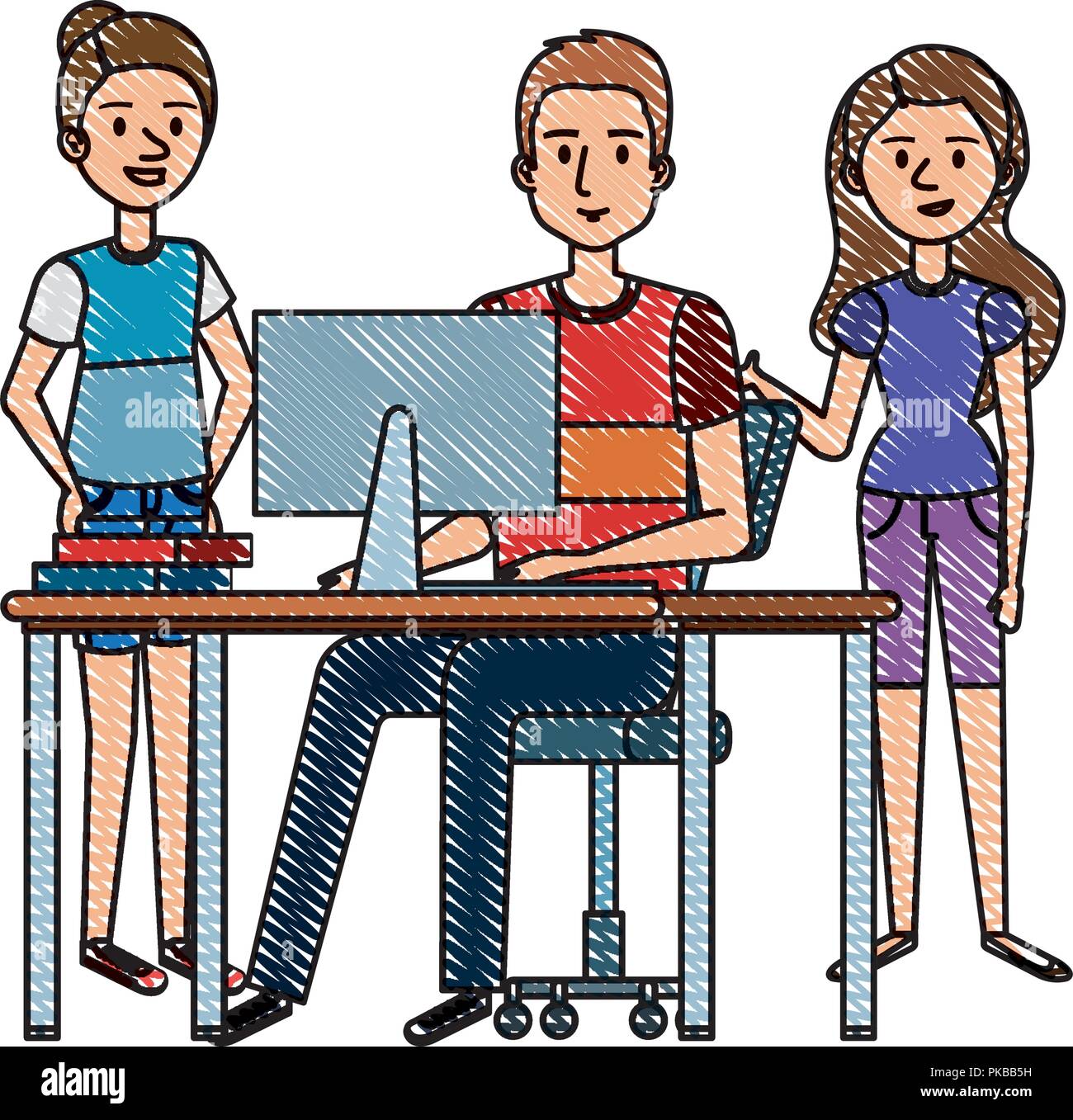 young man at desk with computer and companions Stock Vector Image & Art ...