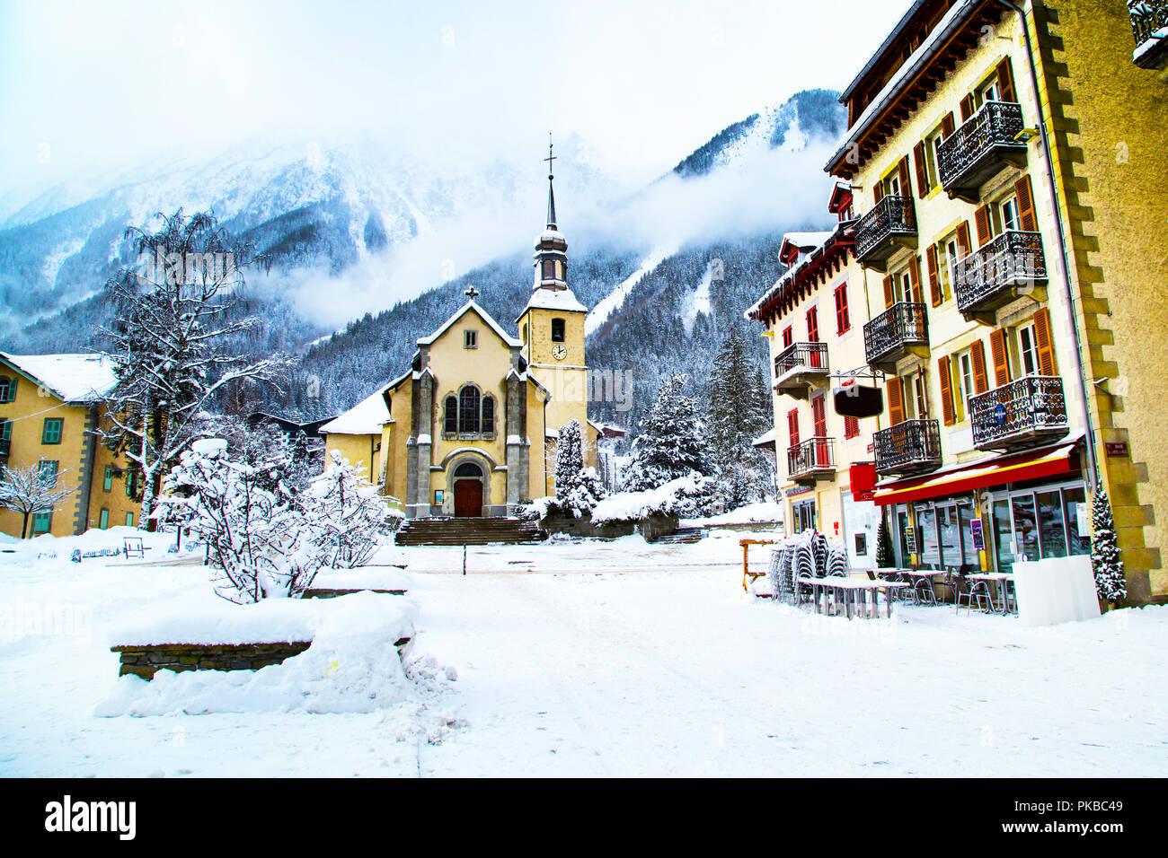 Church in Chamonix, France, French Alps in winter, street view and snow ...