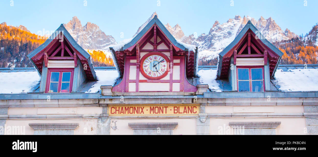 panorama background of facade of Chamonix train station near Mont Blanc ...