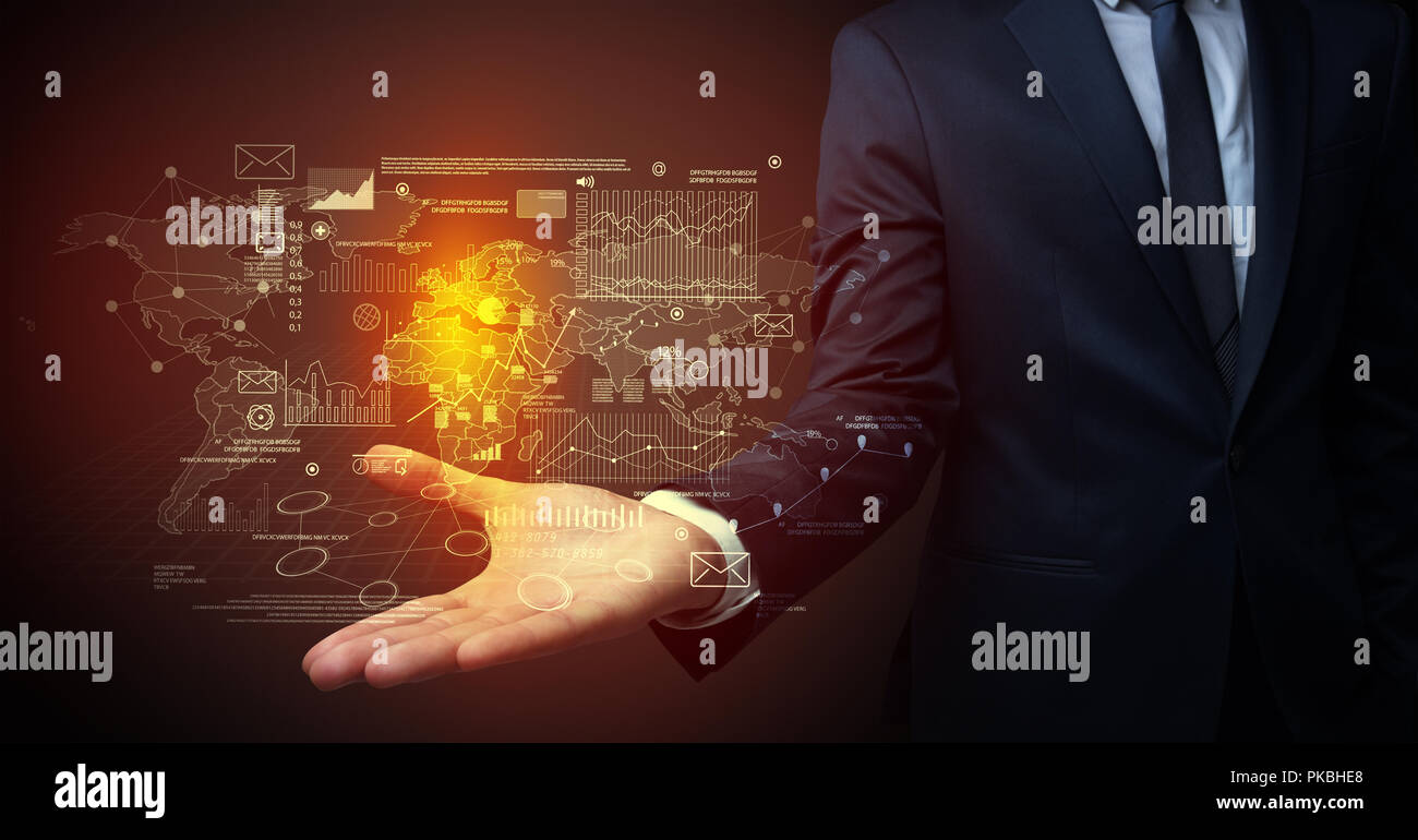 Communicational concept with businessman body and hand in background ...