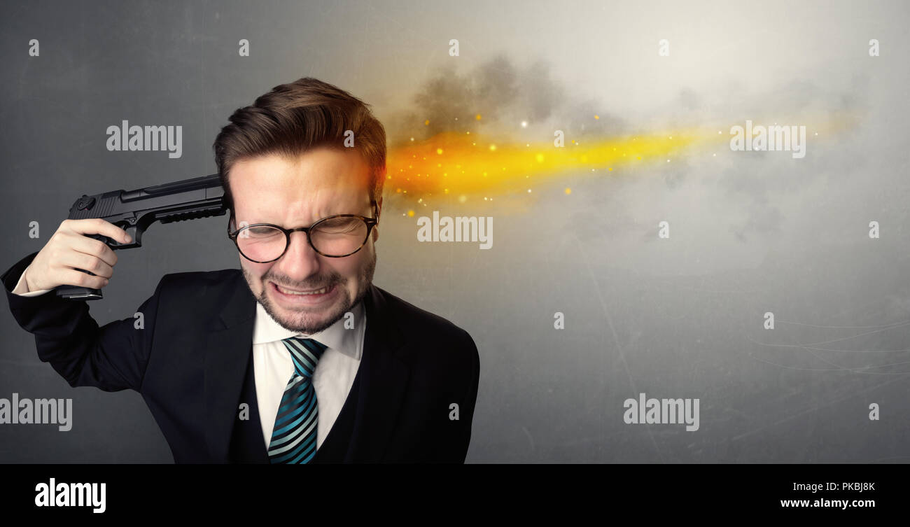 Man shoots his head with gun and lights are coming out from his head ...